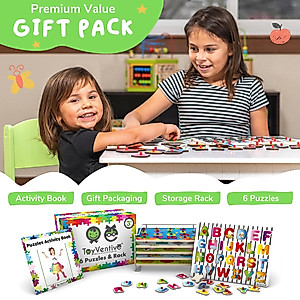 TOYVENTIVE Wooden Peg Puzzles for Toddlers – 6 Pack with Wire Puzzle Holder Rack for Kids, Learning Preschool Wood Knob Puzzle Toys for Boys and Girls - Alphabet Number Animal Vehicle Shape Fruit