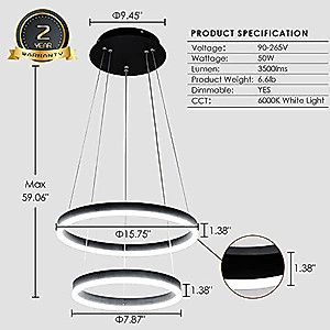 Viruhaka Dimmable LED Pendant Light Dining Room 50W LED Modern Chandelier Black Living Room 2 Ring Pendant Lighting Entryway with 59in Cord Adjustable,6000K Daylight