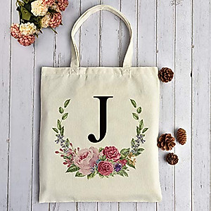 Personalized Floral Initial Tote Bags for women Canvas Tote Bags Reusable Grocery Shopping Bags for Bridesmaids Wedding Bachelorette Birthday Party Large Book Tote Gift Bags Eco - Friendly (Letter J)