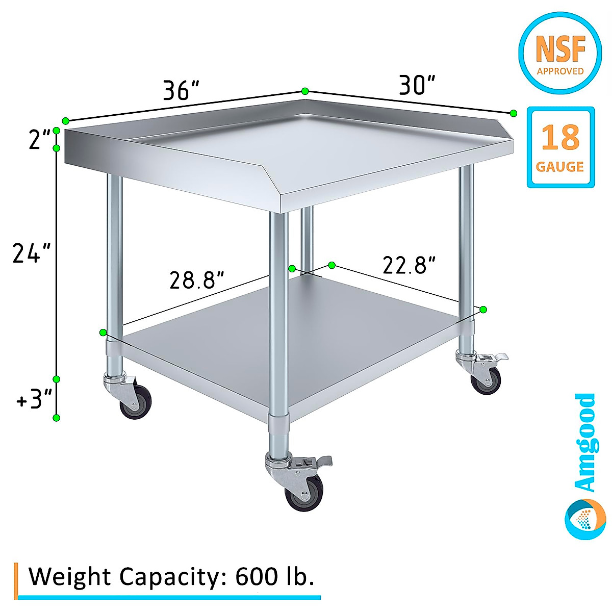 AmGood Stainless Steel Equipment Stand with Undershelf + Casters, Heavy Duty, Commercial Grade, NSF (30" Width x 36" Length + Casters)