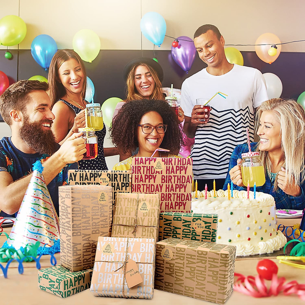 Birthday Wrapping Paper Set, 6 Sheets Kraft Brown Recycled Gift Wrapping Paper with Stickers, Gift Wrapping Paper with Happy Birthday Pattern Design for Kids Girls Women Boys Men Adults, 20×28 inches