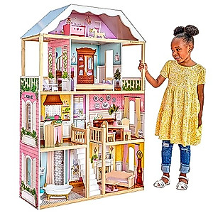 KidKraft Charlotte Classic Wooden Dollhouse with EZ Kraft Assembly™, 14-Piece Accessory Set, for 12-Inch Dolls, Gift for Ages 3+
