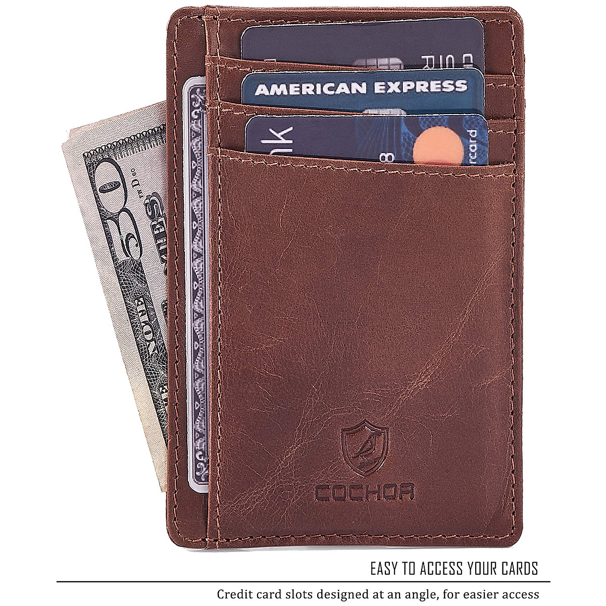 Front Pocket Wallet for Men Women Slim Minimalist Real Leather RFID Blocking Credit Card Holder (COGNAC WAX PULL UP)