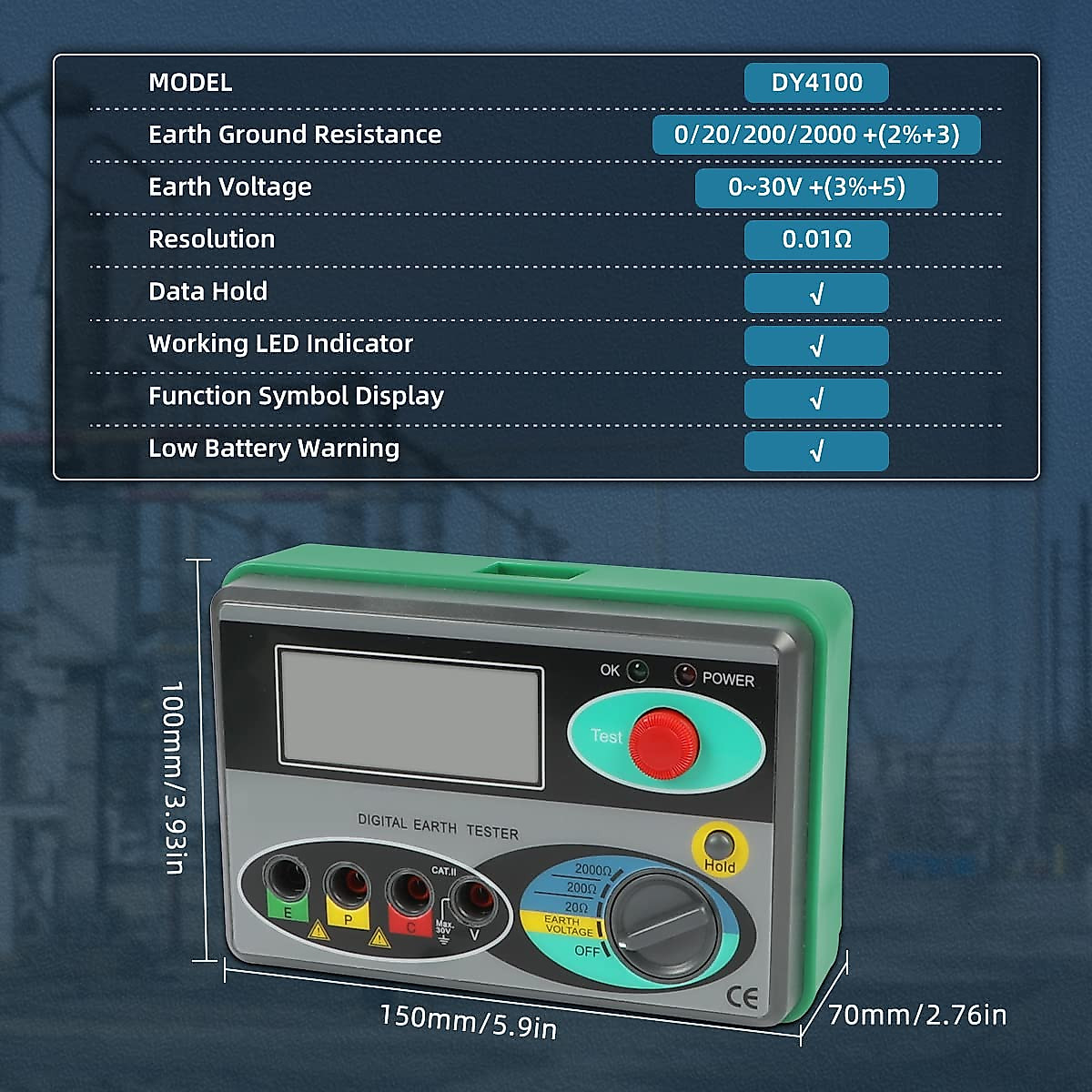 Digital Earth Ground Resistance Tester Multimeter Resistance Measurer 0-2000 Ohm
