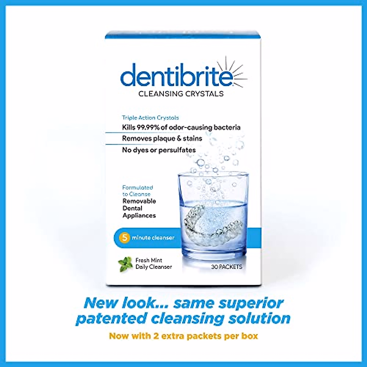 Dentibrite Crystals Cleaner for Removable Dental Appliances - Invisalign Aligners, Retainers, Guards, Dentures, Trays/Aligners - Odor Remover - No Persulfates or Dyes - 30ct - Made in USA