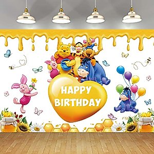 Classic Cartoon Bear Happy Birthday Backdrop Boys Girls Birthday Party Decoration Supplies Color Balloon Honey Bear and Friends Photograph Background Baby Shower Cake Table Decoration Background 7x5ft