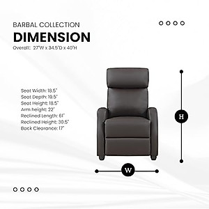 Lexicon Barbal 27" W Faux Leather Push Back Recliner Chair, Dark Brown