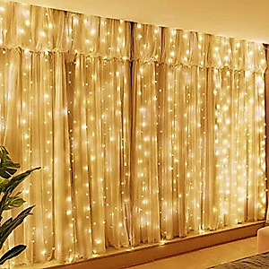 GIREALO Starry Window Curtain String Light Warm White 300 LED 8 Lighting Modes USB Powered Fairy Lights Remote Control Strip Lights for Bedroom Home-Party Wall Decorations