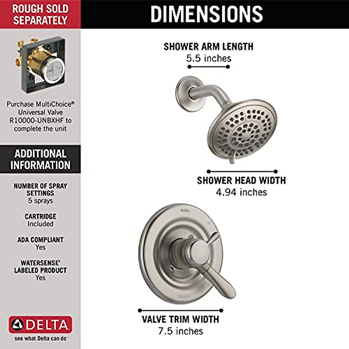 Delta Faucet Lahara 17 Series Dual-Function Shower Trim Kit with 5-Spray Touch-Clean Shower Head, Stainless T17238-SS (Valve Not Included)
