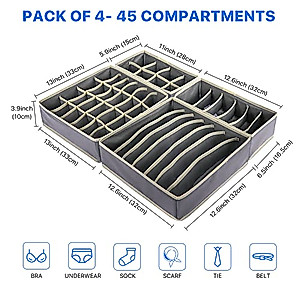 CozyCat Underwear Drawer Organizer Dividers for Bra and Socks 4-pack, Foldable Underware Drawer Organizers, Clothing Storage Boxes, Suit for Lingerie, Bras, Socks, Ties. (6+7+8+24 cell), Gery