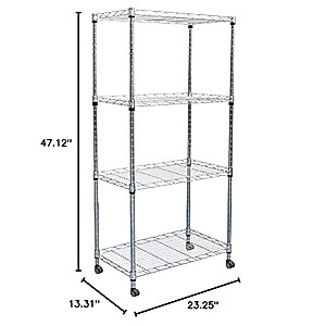 Mind Reader Alloy Collection Adjustable 4-Tier Industrial Storage Shelves with Wheels, Metal, 23.25" L x 13.5" W x 49.5" H, Silver