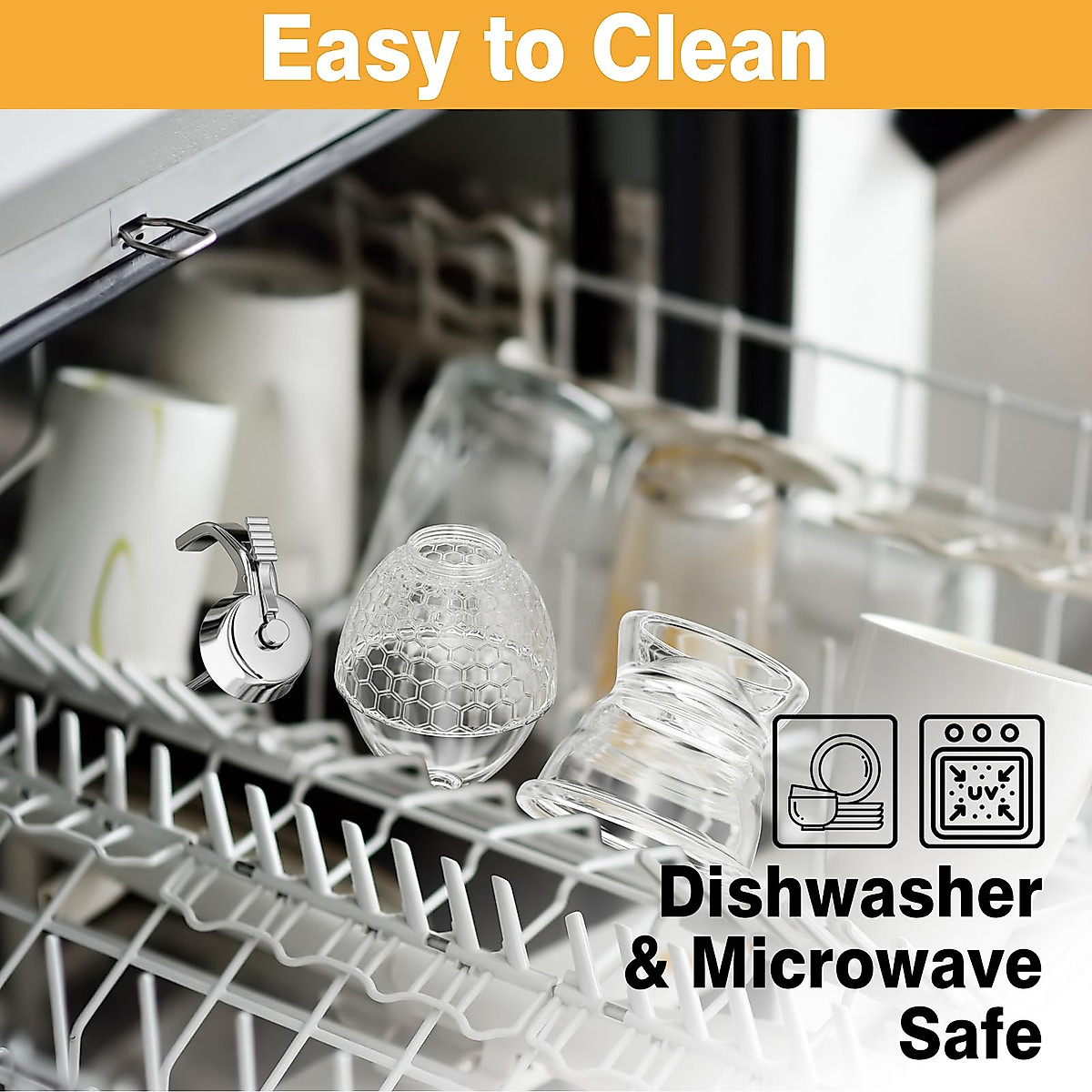 Honey Dispenser No Drip Glass, Maple Syrup Dispenser, Honey Jar with Stand, 8 oz Beautiful Honey Comb Shaped Honey Pot, Perfect Bee Decoration for Home Kitchen