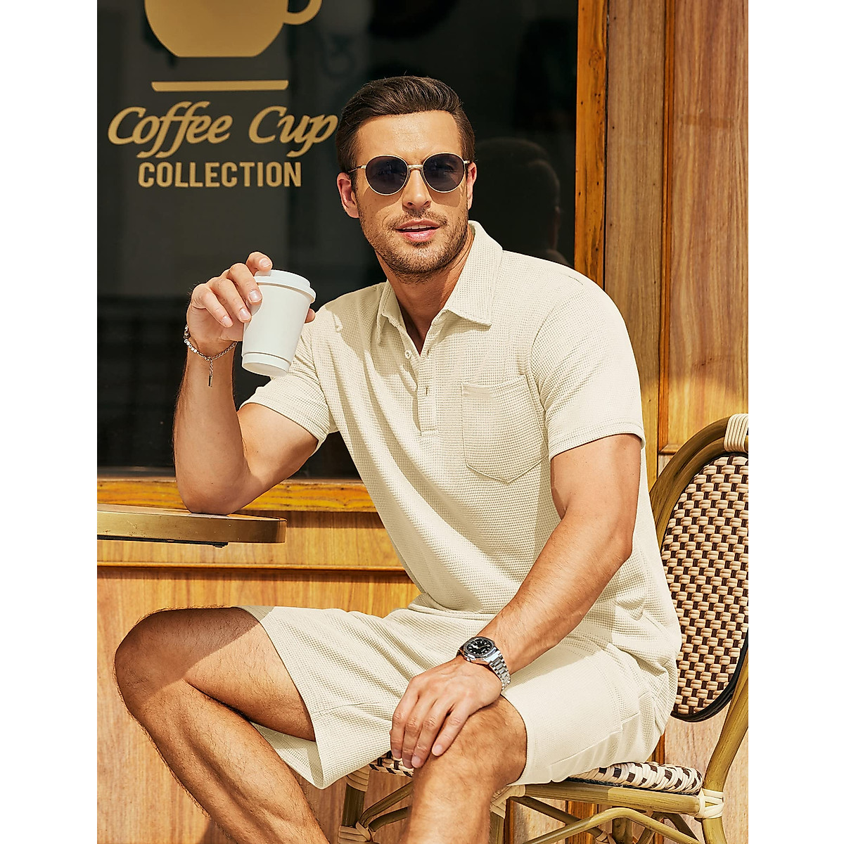 COOFANDY Men's Waffle Knit Polo Shirt and Shorts Set 2 Pieces Outfits Summer Suit Casual Tracksuit with Pockets