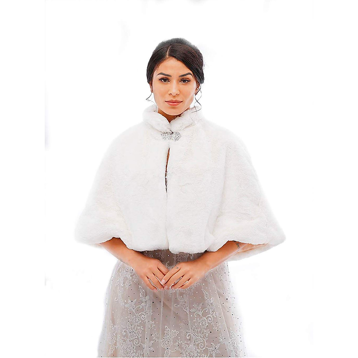 Tgirls Women's Wedding Faux Fur Shawl and Wrap Bridal Fur Stole Cape Cloak Fur Scarf for Bride and Bridesmaids (White)