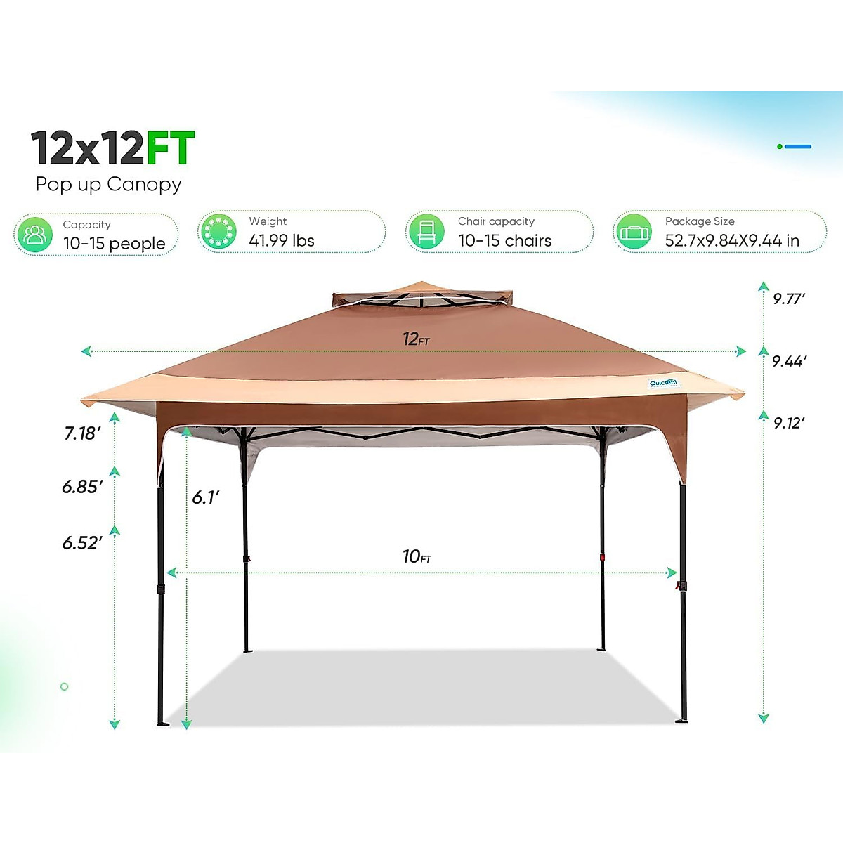 Quictent Pop up Gazebo Canopy 12 x 12, One Person Set up Portable Instant Folding Shelter, Outdoor Canopy Tent with Extra Shade for Backyard, Patio, Party - Tan&Brown