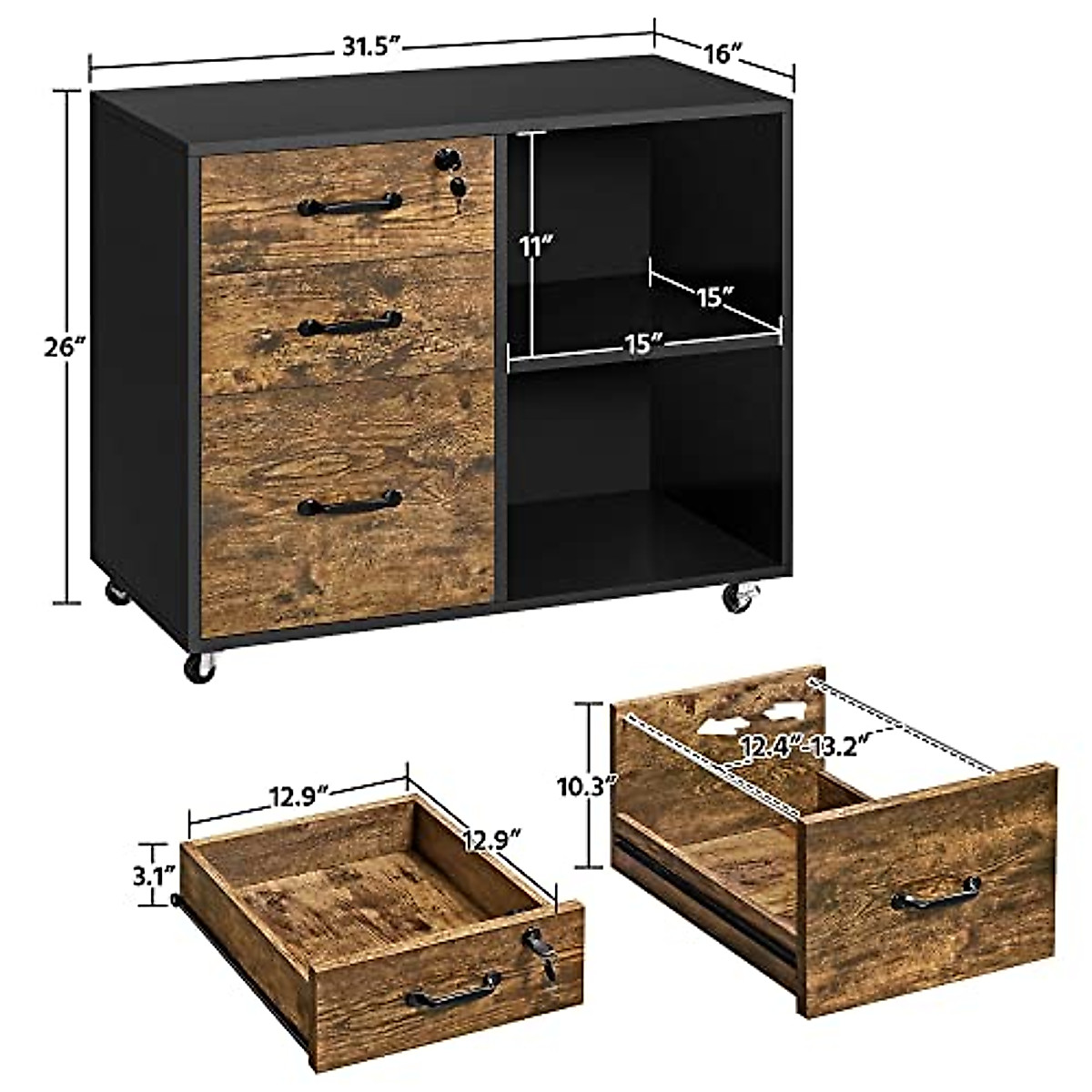 Yaheetech Lateral File Cabinet with Lock for Letter, A4 Size, 3 Drawer Printer Stand with Open Storage Compartments, Mobile Filing Cabinet for Home Office, Black/Rustic Brown
