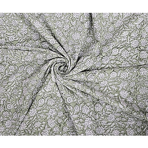 Green Hand Block Printed Indian Natural Cotton Jaipuri Print Sanganeri Kurti Print Fabric by The Yard (3 Yard)