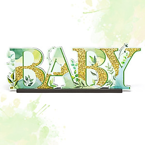Haooryx Greenery Baby Shower Wooden Table Centerpieces, Greenery Baby Wooden Letter Sign Baby Shower Party Sign for Baby Boys and Girls Gender Reveal Party Baby Baby Shower Decor Supplies Photo Props