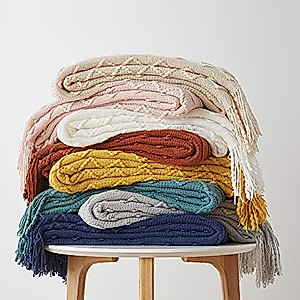 NexHome Throw Blanket for Bed Blue Decorative Knit Blanket with Tassel Fringe Soft Lightweight Zigzag Textured Boho Throws (50"x60" Royal Blue)