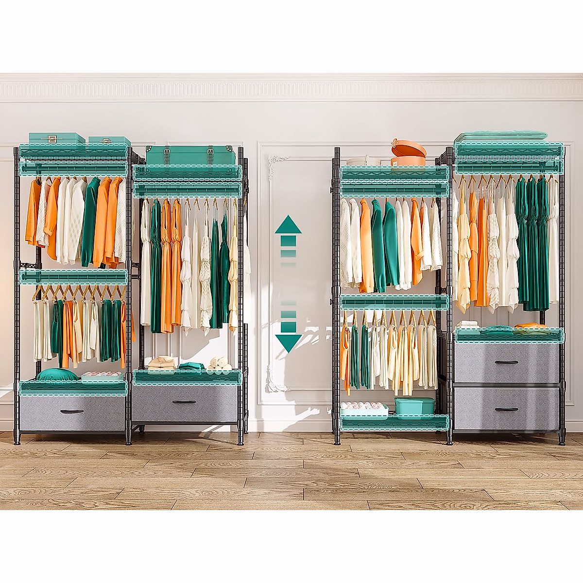 REIBII Garment Rack Clothing Rack for Hanging Clothes 150+ Load 650lbs Freestanding Wardrobe Closet with 2 Drawers, 3 Hanging Rods Clothes Rack for Extra Closet Space, 15.9" D x 46.5" W x 70.9" H