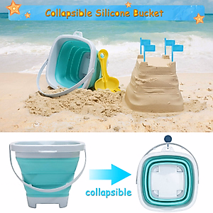 RACPNEL Beach Toys Sand Set for Kids, Collapsible Bucket and Shovels with Mesh Bag, Molds, Flags, Sandbox Kids Toddlers, Travel (Tavel Size)