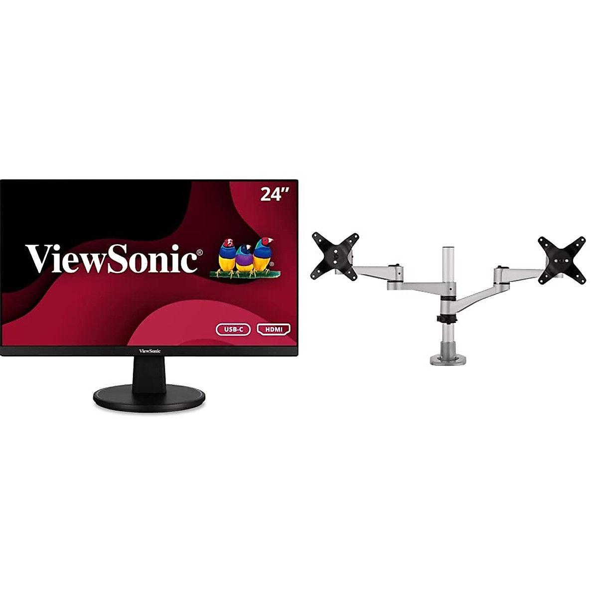 ViewSonic VA2447-MHU 24 Inch Full HD 1080p USB-C Monitors and LCD-DMA-001 Dual Monitor Mounting Arm with Vesa Mount