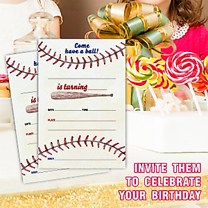 JCVUK Baseball Birthday Invitation Cards, Sports Theme, 20 Invites With Envelopes, Double-sided Fill In Style Invitations, Birthday Party Favor, Decorations And Supplies - Y06
