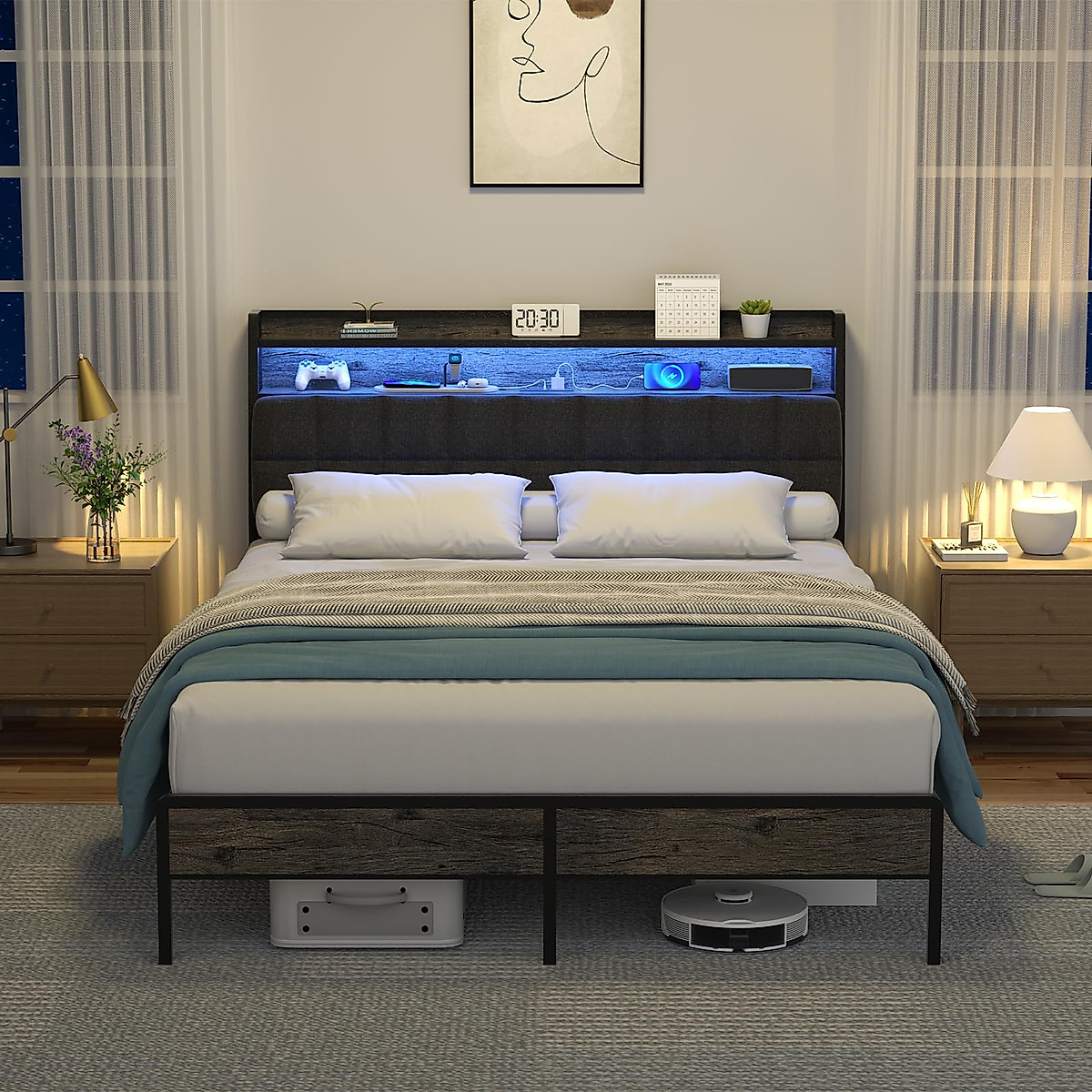 Flexpedic Queen Size Bedframe, Ergonomic Headboard with Multi-Space Storage, Platform Bed Frame Full Size with Charging Station and Adjustable RGB LED Lights, Strong Weight Capacity, Easy Assembly