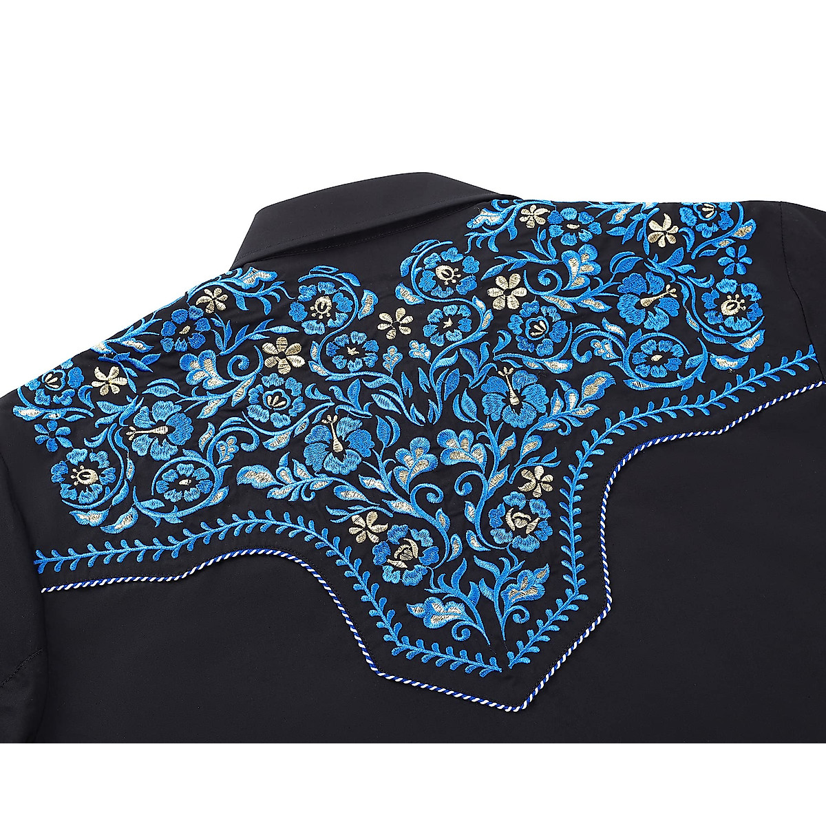 SALVAJE OESTE Western Embroidered Cowboy Shirts for Men, Casual Button Down Long Sleeve Shirt Floral Design Retro Shirt Black-Royal Blue