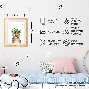 Designs by Maria Inc. Floral Crown Safari Nursery Decor | Girl Nursery Wall Decor - Nursery Art | UNFRAMED Nursery Wall Art Baby Boy Room Decor | Pack of 4 Unisex Animal Nursery Decor [8"x10"]