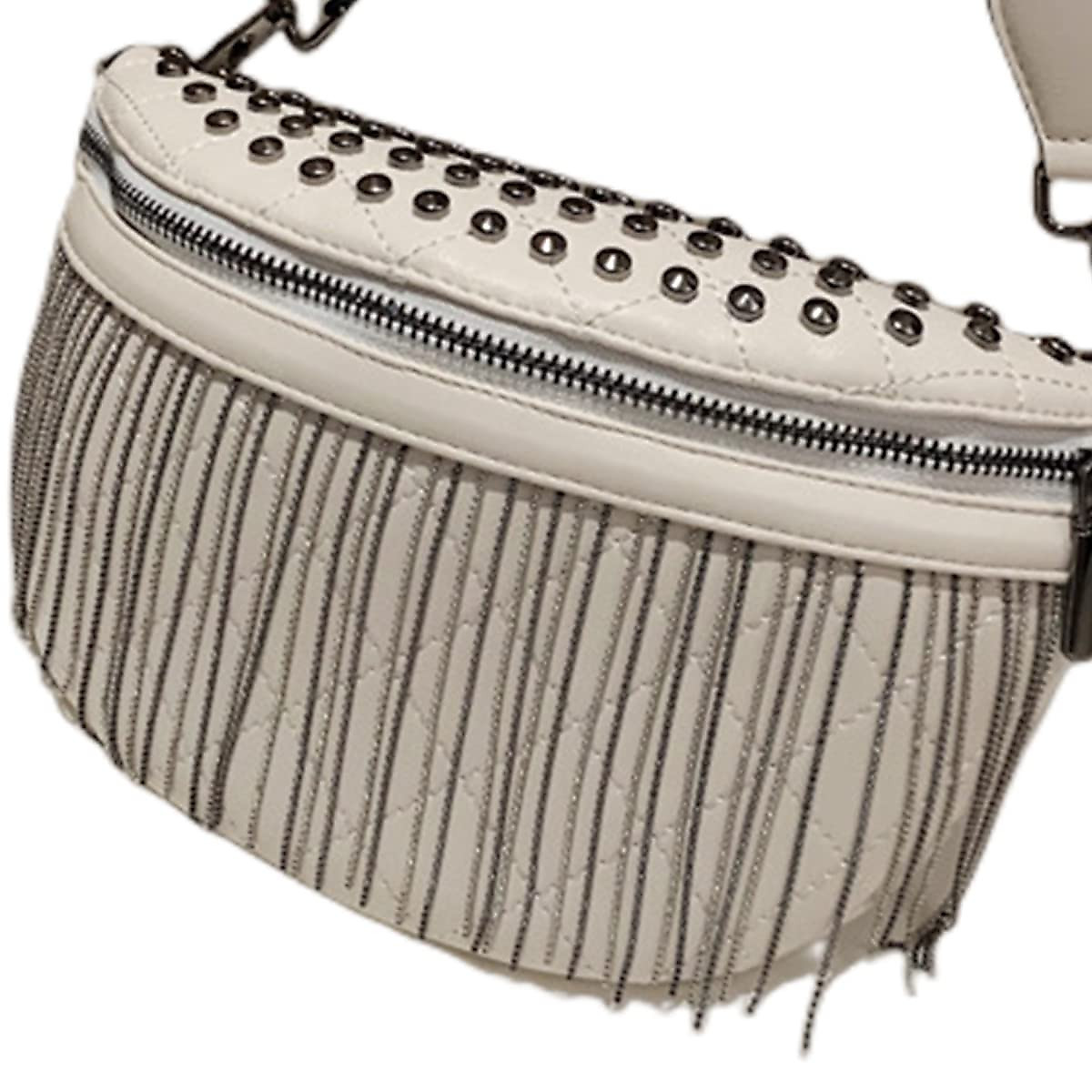 IAMUHI Women Vegan Leather Cross Chest Bag Rivets Fringed Shoulder Handbag Purse Waist Bag,White