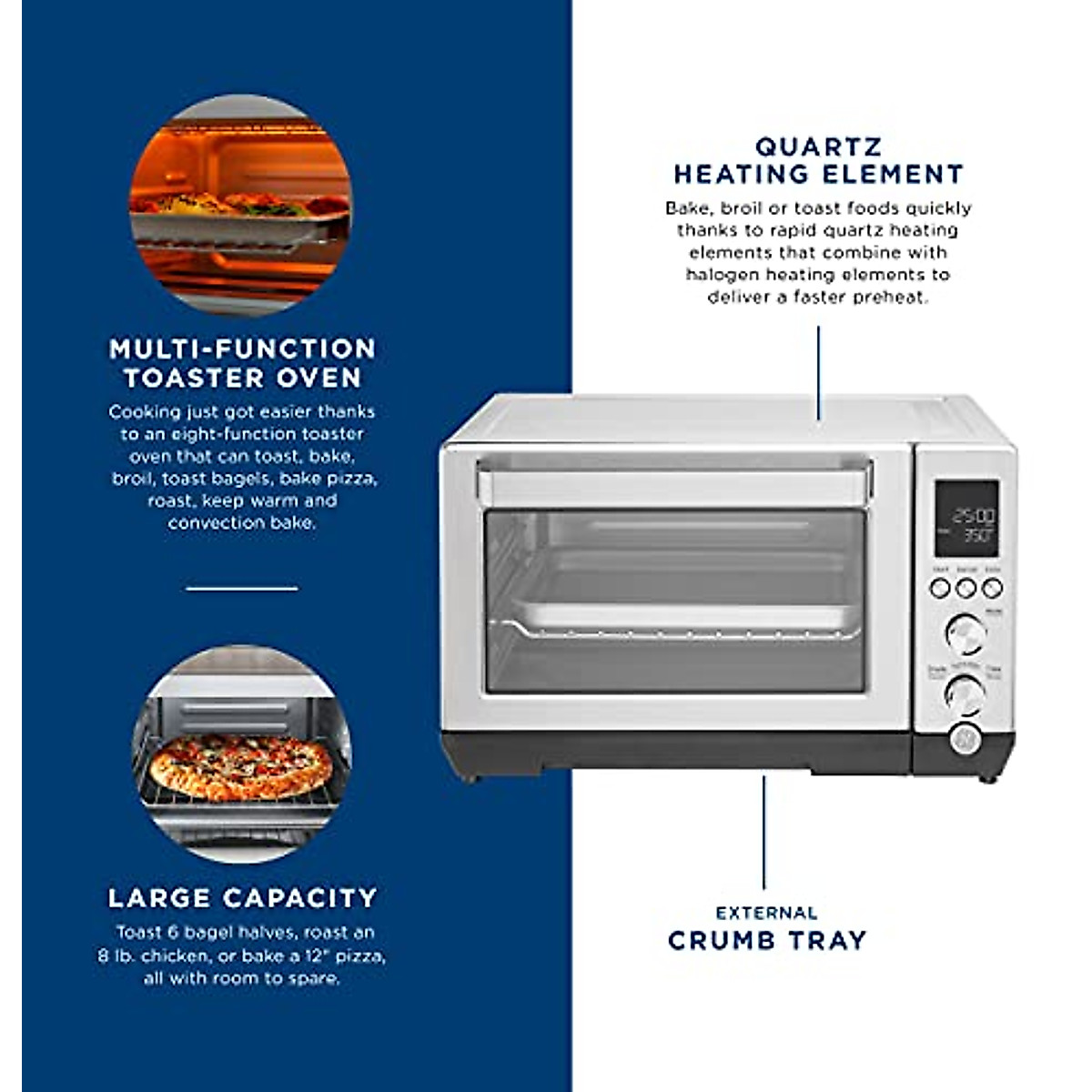 GE Convection Toaster Oven | Quartz Heating Technology | Large Capacity Toaster Oven Complete With 7 Cook Modes & Oven Accessories | Countertop Kitchen Essentials | 1500 Watts | Stainless Steel