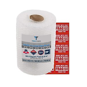 Bubble cushioning wrap 125 ft² x 24'' wide - 1/2" Large Bubble - Perforated Every 12''- with 10 Fragile Stickers by Fresh Farm LLC