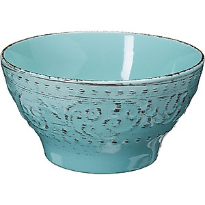 IHIPPO Round Dinnerware Sets Kitchen Utensils Set Embossed Stoneware Ocean Dinnerware Dish Set 16 Piece Turquoise Plates Stoneware Collection for Food Microwave and Dishwasher Safe Plates