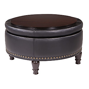 INSPIRED by Bassett OSP Home Furnishings Augusta Round Storage Ottoman with Decorative Nailheads and Flip Over Lid with Serving Tray Surface, Black Faux Leather