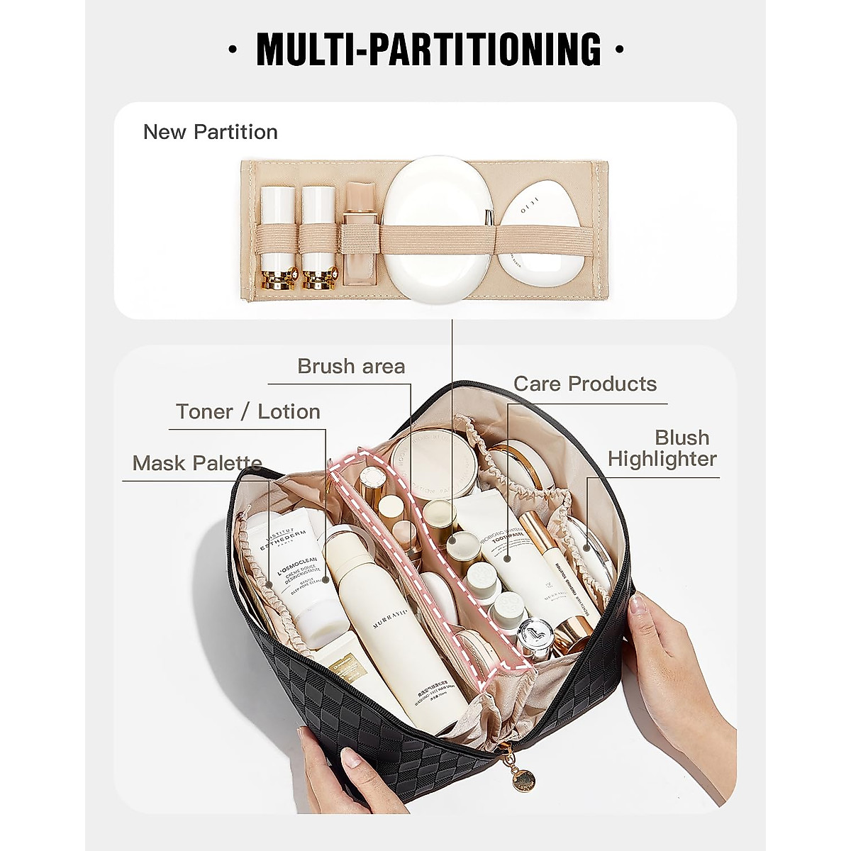 EACHY Travel Makeup Bag,Large Capacity Cosmetic Bags for Women,Waterproof Portable Pouch Open Flat Toiletry Bag Make up Organizer with Divider and Handle (LD-Black, Large)