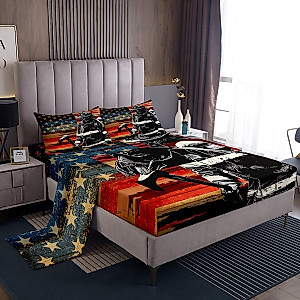 Firefighter Kids Sheet Queen Size,American Flag Retro Bedding Set,Boys Men Room Decor,Fireman Firefighting Theme Red Black Bed Sheet Set 4pcs(Fitted + Flat + 2 Pillowcases)