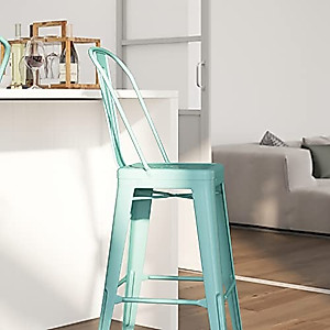 Merrick Lane Stella 30" Metal Indoor-Outdoor Barstool with Vertical Slat Back and Integrated Footrest in Mint Green