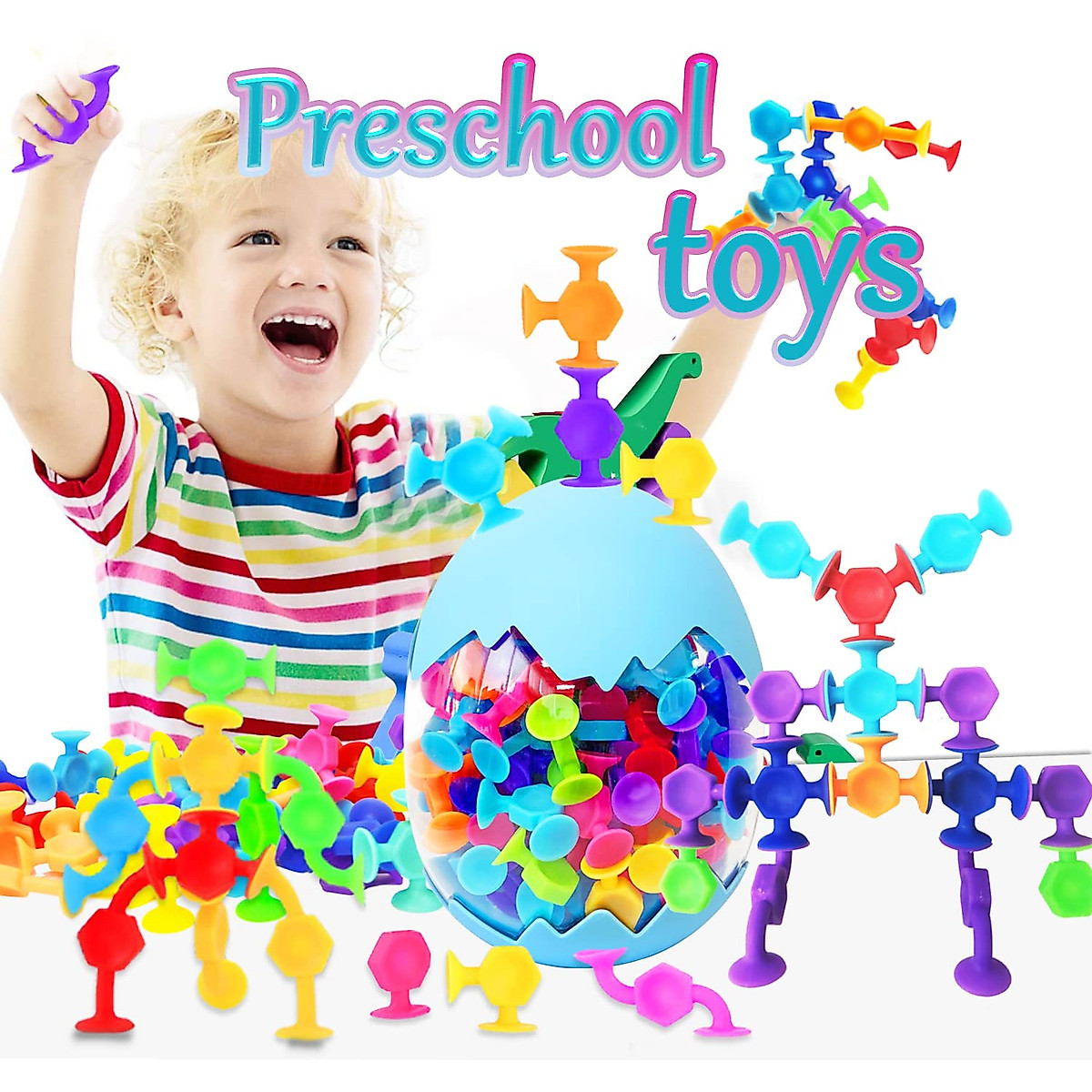 100pcs Suction Bath Toys for Baby Kids, Bath Toy Silicone Construction Building Blocks Montessori Sensory Toy for 3 4 5 6 7 8 Years Old Toddlers Boys Girls with Egg Storage