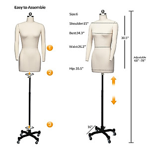 Bonnlo Female Sewing Mannequin, Size 6 Professional Dress Form for Display and Tailor Design, Height Adjustable Torso with Stable Metal Base (with arms, 6)