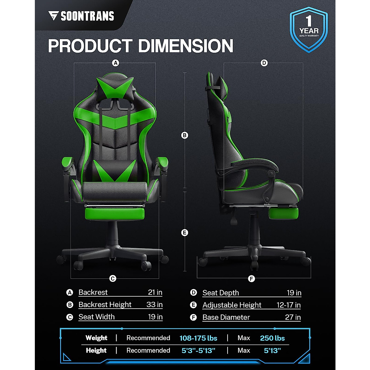 Soontrans Green Gaming Chair with Footrest,Racing Gaming Chair,Computer Gamer Chair,Ergonomic Game Chair with Adjustable Headrest and Lumbar Support(Jungle Green)