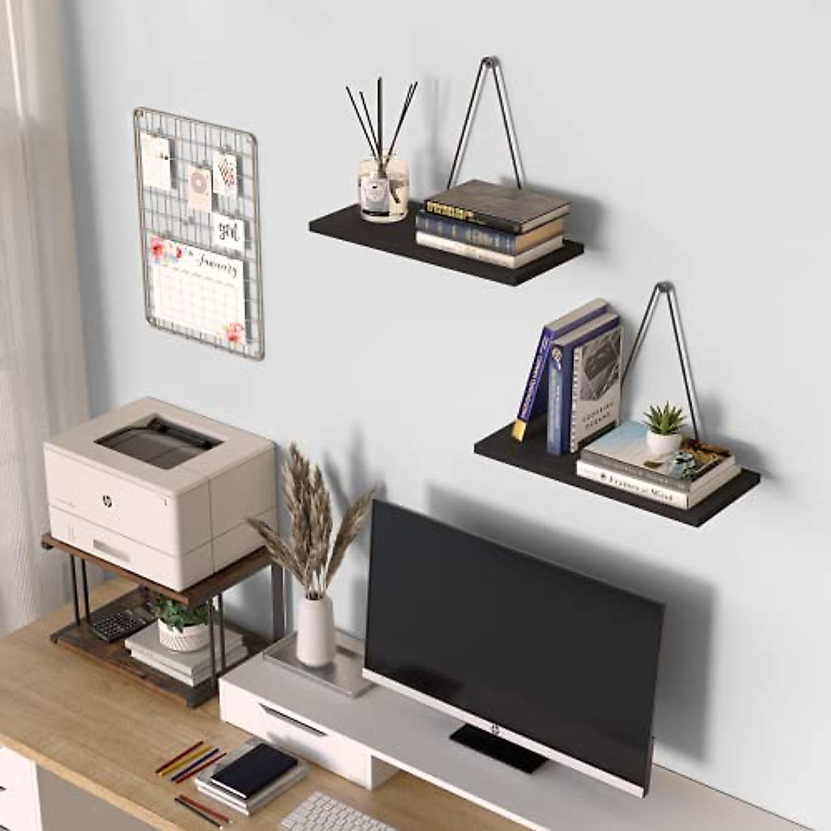 J JACKCUBE DESIGN - Black Wall Mount Bookshelves Set of 2, Wall Floating Shelf with Triangle Bracket, Corner Shelves Modern Book Storage Organizer for Office, Living Room, Office- MK602A