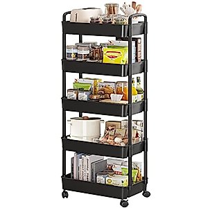 5-Tier Rolling Cart, Multipurpose Utility Cart, Rolling Carts with Lockable Wheels, Storage Cart Craft Cart Organizer for Bathroom Laundry Kitchen,Used as Book Art Snack lash Makeup Diaper cart,Black