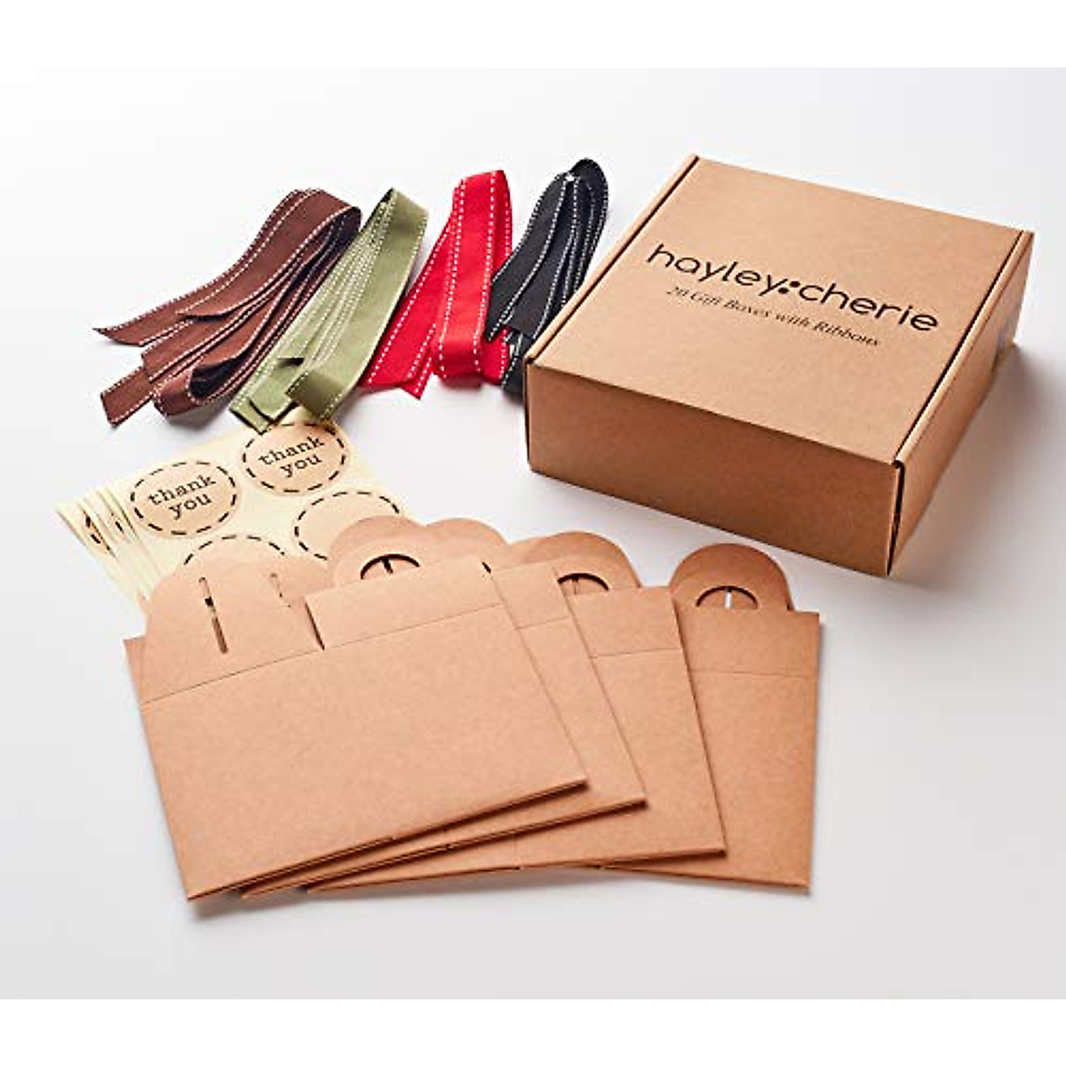 Hayley Cherie - Gift Rustic Treat Boxes with Ribbons and Thank You Stickers (20 Pack) - 4.7 x 3.5 x 3.5 inches - Thick 350gsm Card (Small Kraft)