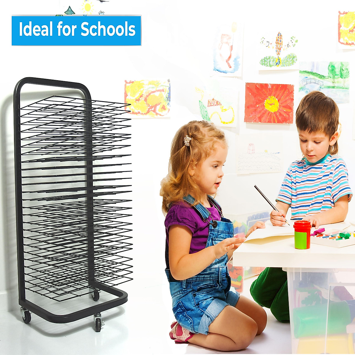 Joymaney Art Drying Rack for Classrooms and Art Studios, Original Unique System of 25 Shelves That Have 90 Degree Lift and are Removeable, Mobile and Sturdy, Ideal for Schools,Art, Preschool