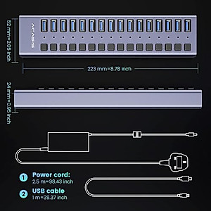 90W Powered USB Hub - ACASIS 16 Ports USB 3.0 Data Port, Aluminum Housing, Individual On/Off Switches, 12V/7.5A Power Adapter, USB Charging Hub/USB Splitter for Laptop, PC, Computer, Printer