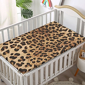 Leopard Print Themed Fitted Crib Sheet,Standard Crib Mattress Fitted Sheet Ultra Soft Material -Baby Crib Sheets for Girl or Boy,28“ x52“,Pale Brown Black