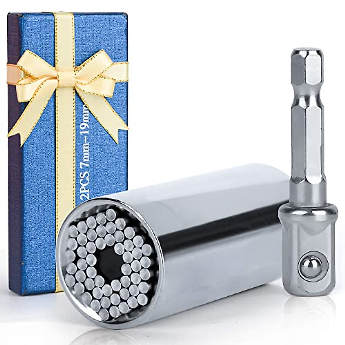 Universal Socket Tools,Professional 7mm-19mm Super Socket Tool Sets with Power Drill Adapter,Stocking Stuffers for Men, Gifts for Men Dad,Including Gift Box and bowknot