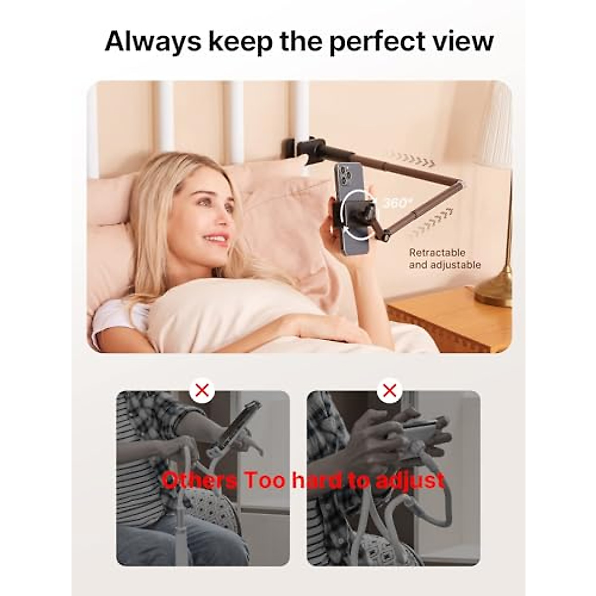 JSAUX Phone Holder for Desk and Bed Compatible with iPhone 15 14 13 12 Overhead Phone Mount Gooseneck Phone Stand Flexible 360 Lazy Long Arm Clamp Clip for Table Bedside [1-Pack, Black]