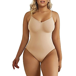 SHAPERX Women's Shapewear Bodysuit Tummy Control Body Shaper Seamless Sculpting Snatched Waist Body Suit，SZ5215-Beige-L/XL